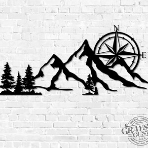 NE Compass Rose Mountain Scene Metal Sign | Metal Farmhouse Decor ...