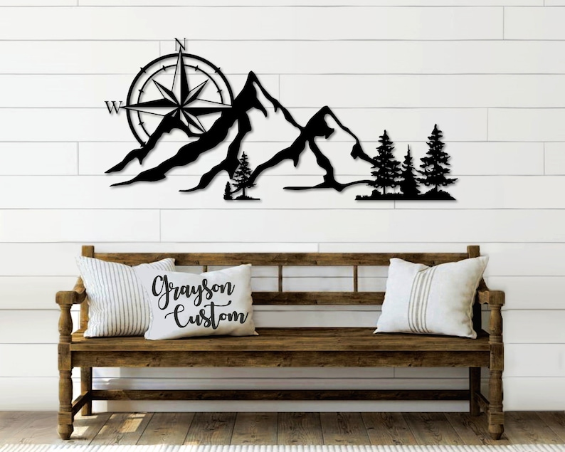 NW Compass Rose Mountain Scene Metal Sign | Metal Farmhouse Decor ...