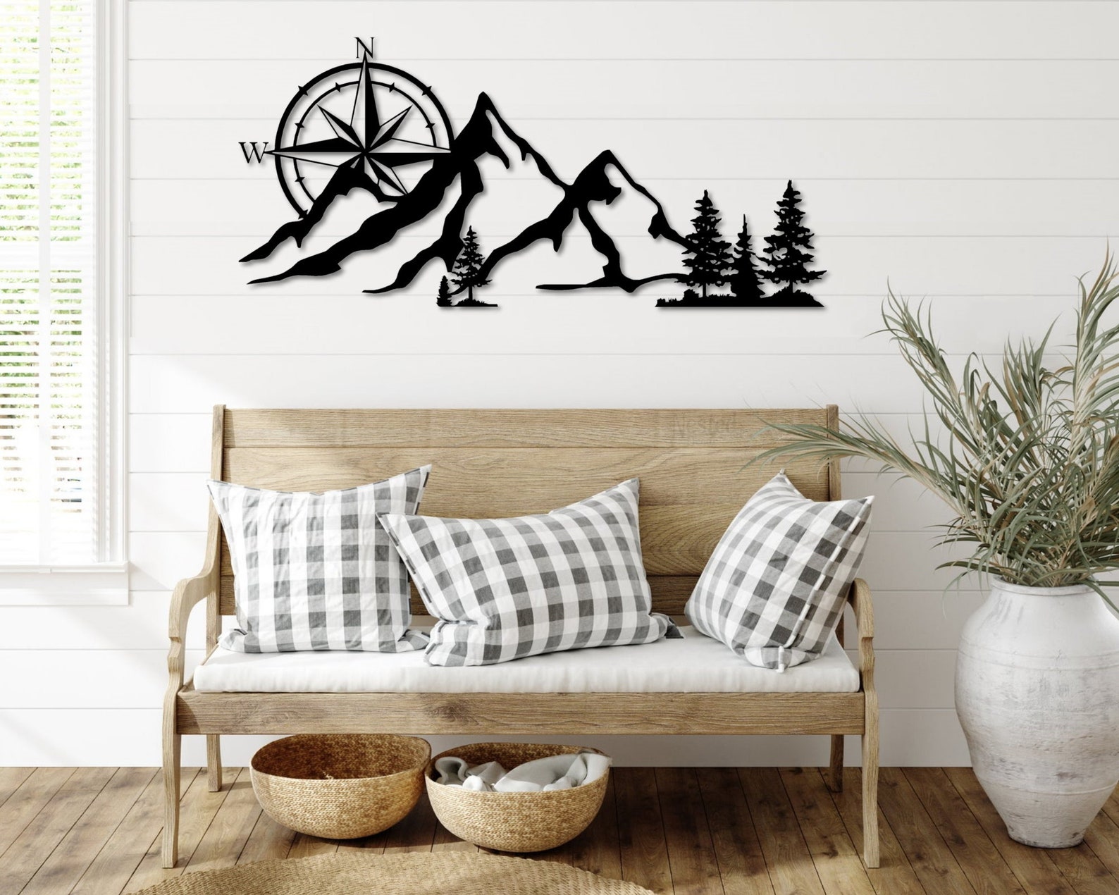 NW Compass Rose Mountain Scene Metal Sign | Metal Farmhouse Decor ...