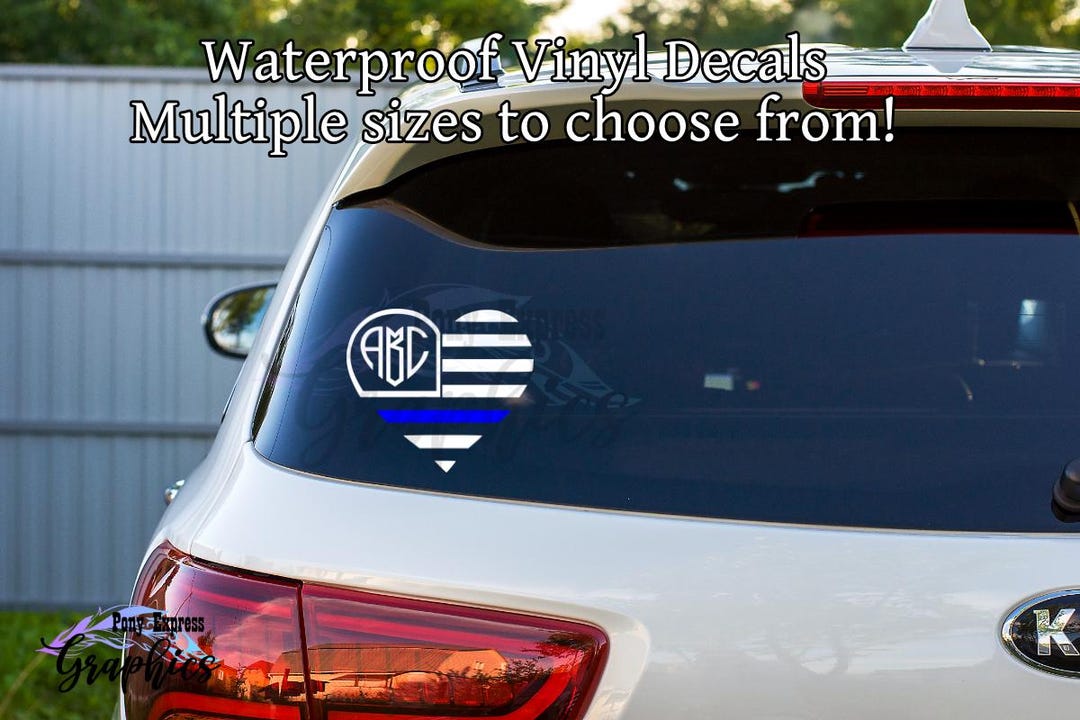 Personalized Monogram Blue Line Flag Decal, Heart Shaped Vinyl Decal ...