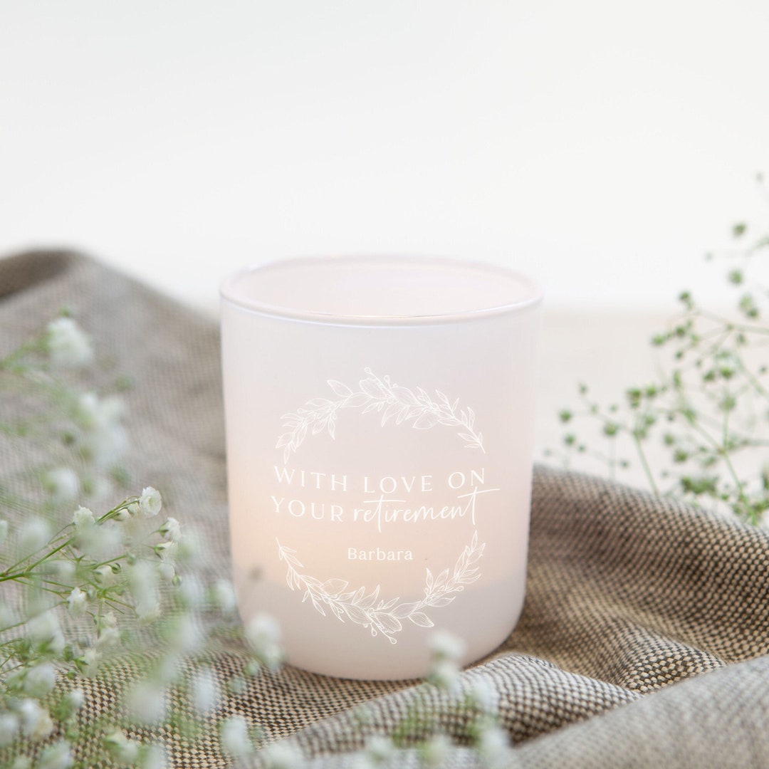 Personalised Retirement Gift Tea Light Holder: Botanical Wreath, Soy ...