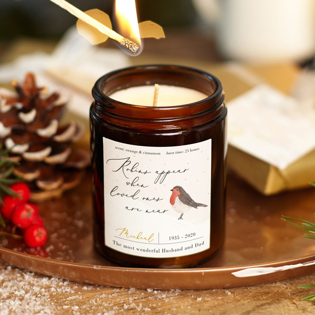 Remembrance Christmas Candle: Robin Memorial Gift, Personalised Soy Wax ...
