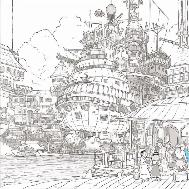 Anime Village Coloring Pages Cozy Towns Cafés Streets & Markets ...