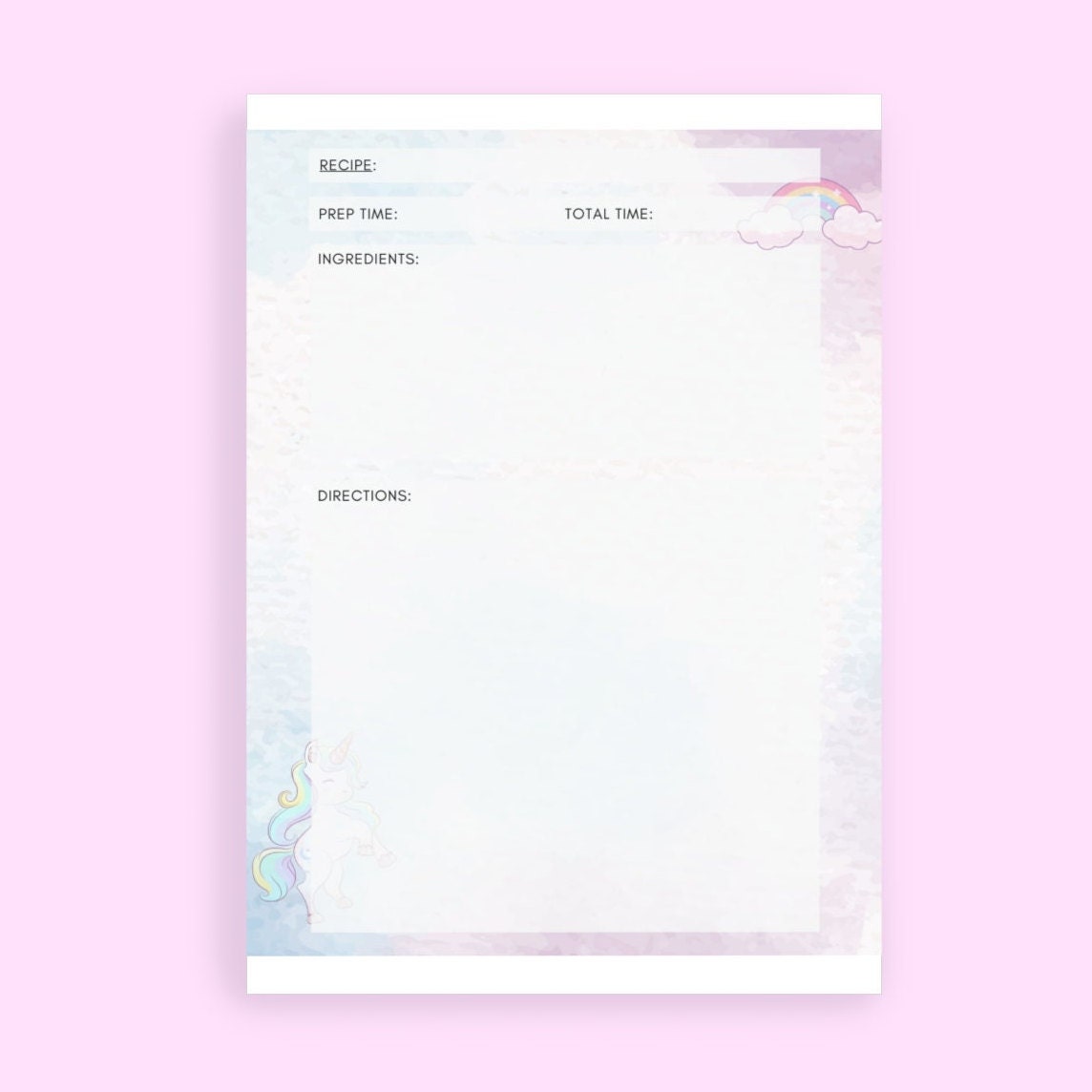 Unicorn Full Page Recipe Card, Printable, Digital Print, Recipe Page 8 ...