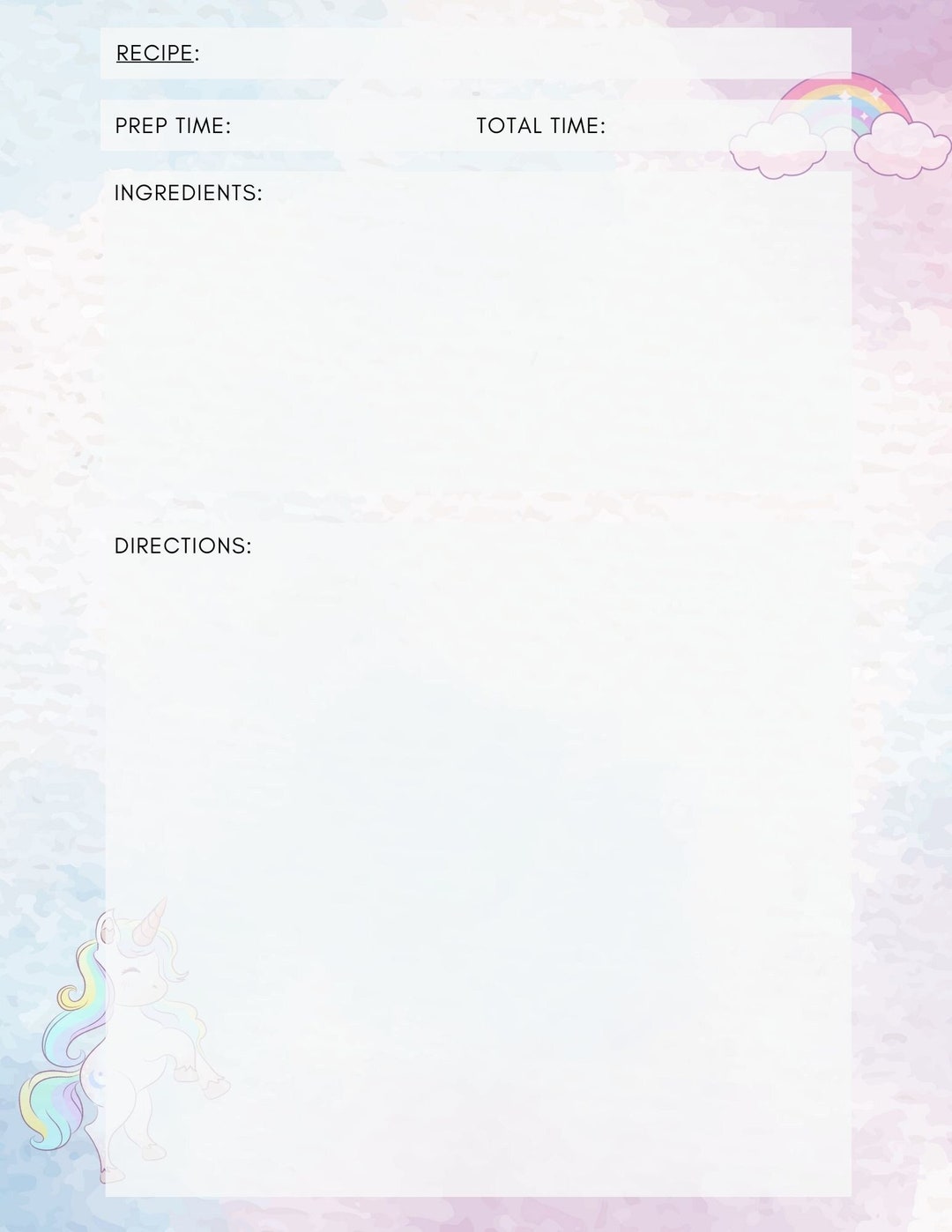 Unicorn Full Page Recipe Card, Printable, Digital Print, Recipe Page 8 ...