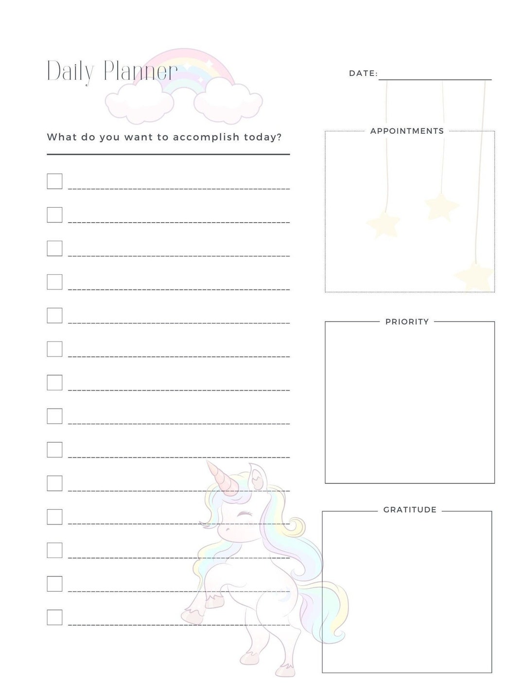 Unicorn Daily Planner, Printable, Rainbow Daily Planner, to Do List ...