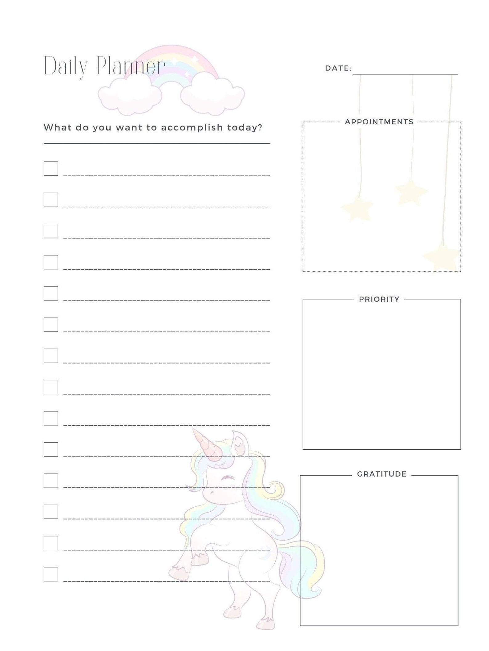 Unicorn Daily Planner, Printable, Rainbow Daily Planner, to Do List ...