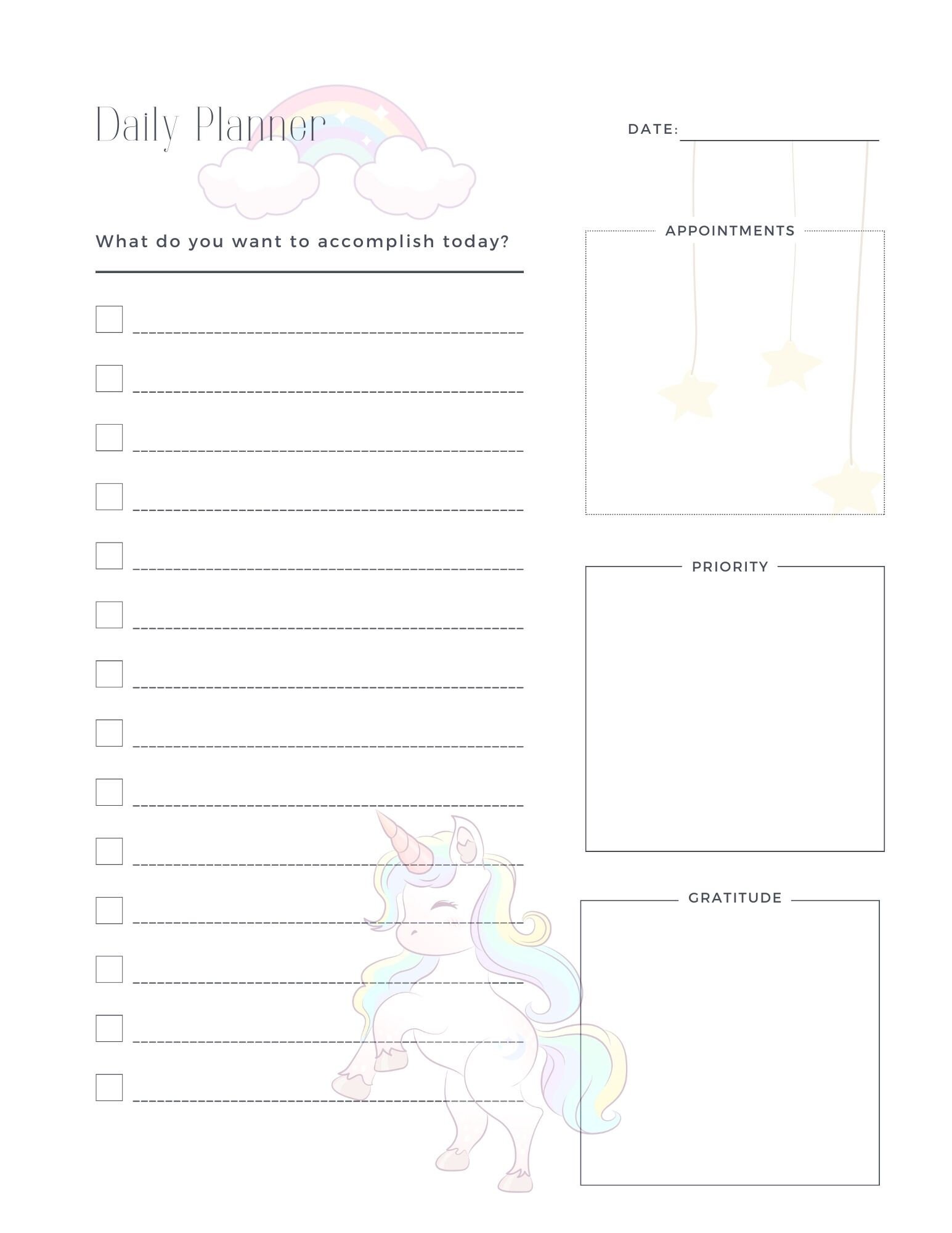Unicorn and Rainbow Themed Printable Planner Bundle, Daily Planner ...