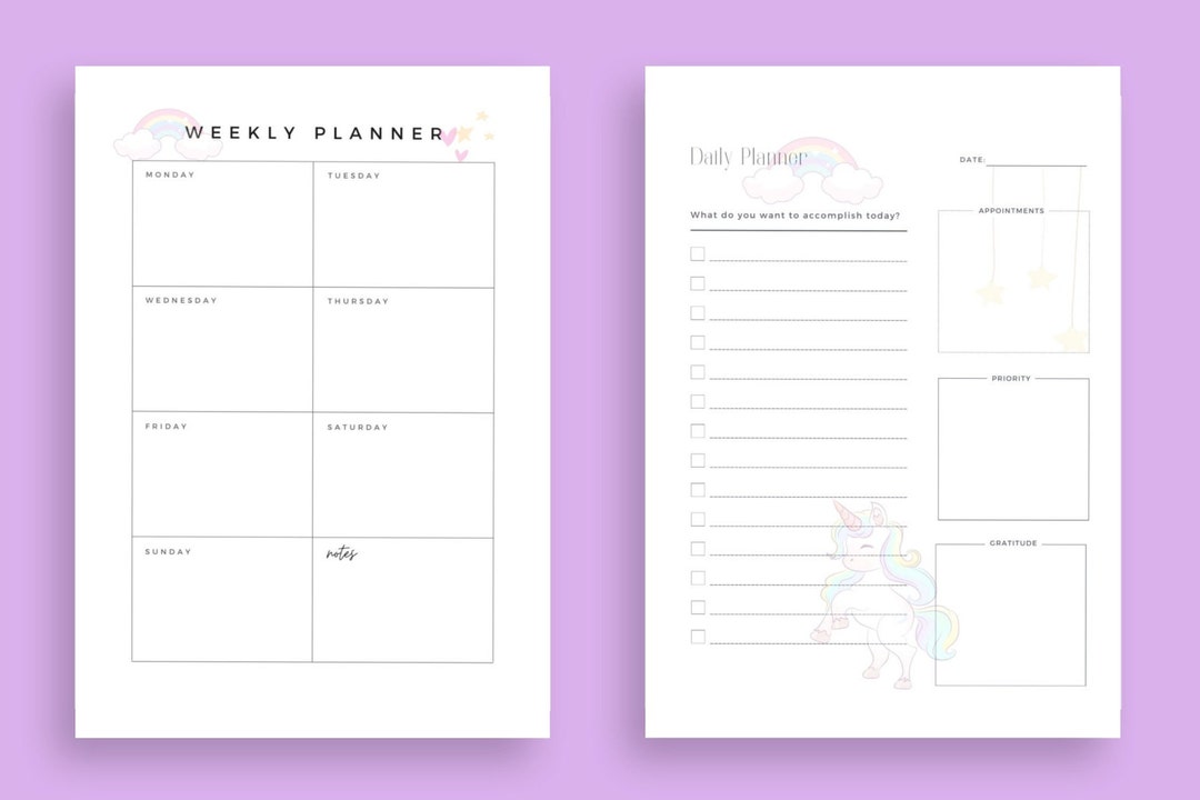 Unicorn and Rainbow Themed Printable Planner Bundle, Daily Planner ...