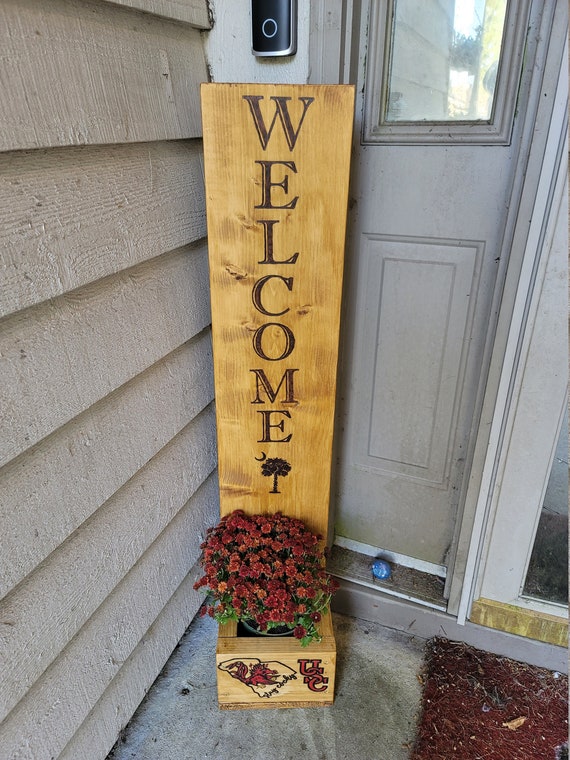 Welcome Sign With Planter WOOD BURNED | Etsy