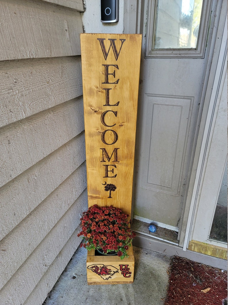 Welcome Sign With Planter WOOD BURNED - Etsy