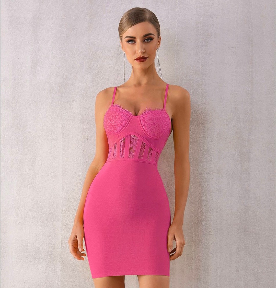 Hot Frucia Pink Women Dress Spaghetti Style Dress High Fashion Lace ...