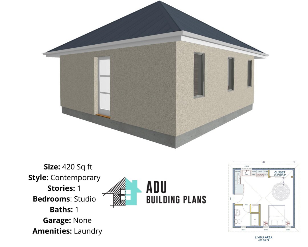 420 Square Foot Studio House Design Plans for Sale PDF & DWG Files ...