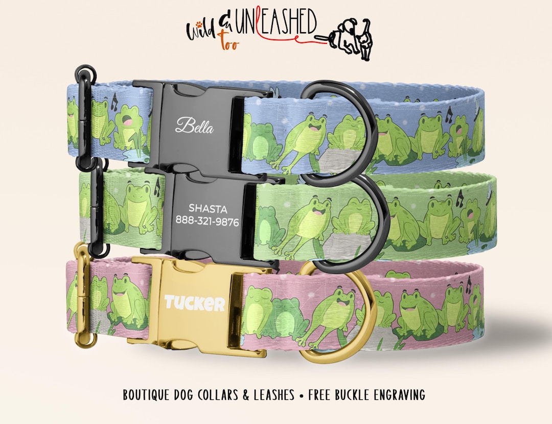 Green Frog Pond Dog Collar, Custom Engraved Buckle, Handmade Boutique ...