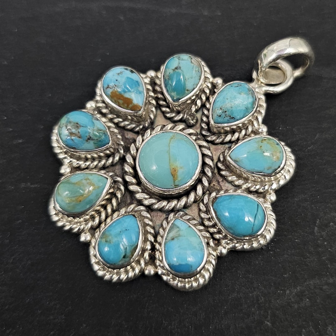 Mohave Turquoise Flower Pendant, Sterling Silver Handmade Necklace - Etsy
