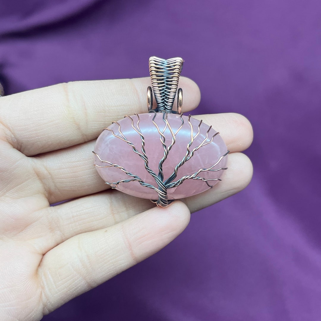 Tree of Life Rose Quartz Copper Wire Wrapped Pendant, Handmade Copper ...