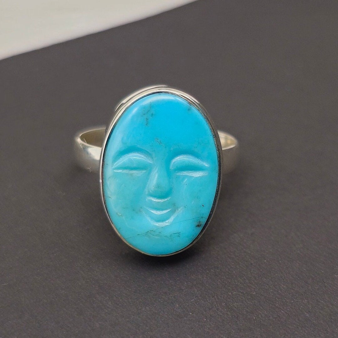 Arizona Turquoise Moon Face Silver Ring, Carving Turquoise Silver Face ...