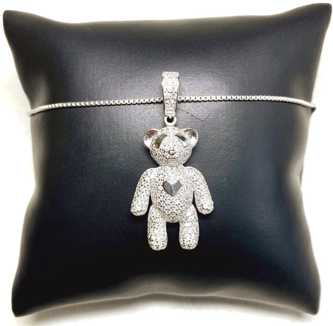 Valentine Silver Teddy Bear Necklace, Diamond Teddy Pendant, Heart ...