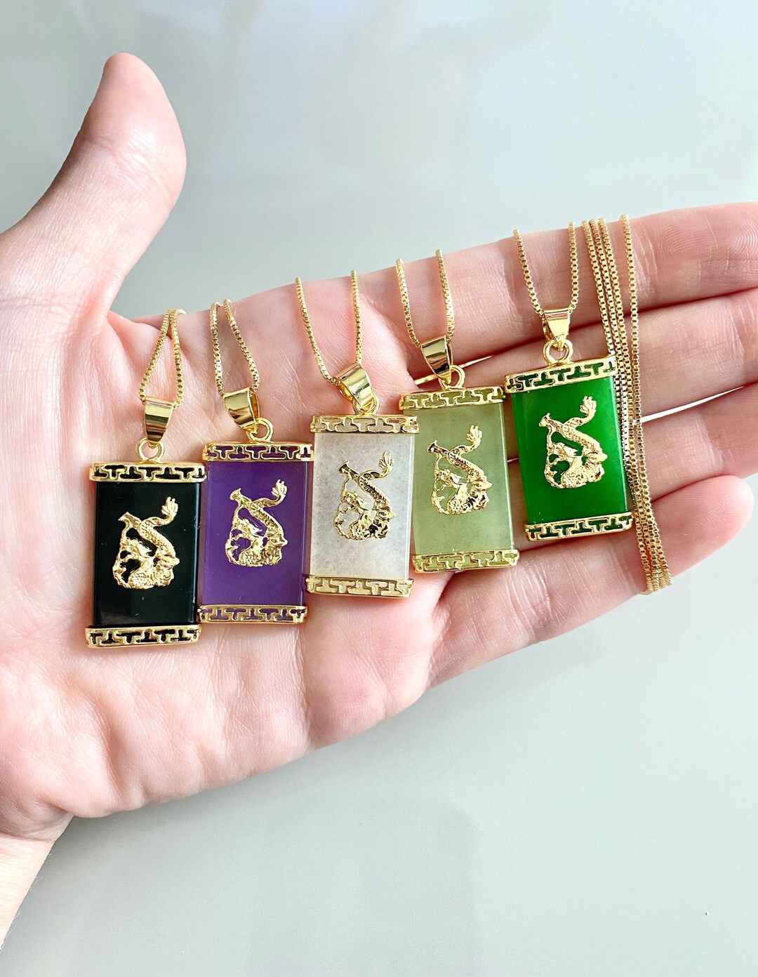 Jade Dragon Necklace, Rectangle Jade Dragon, Gold Dragon Necklace ...
