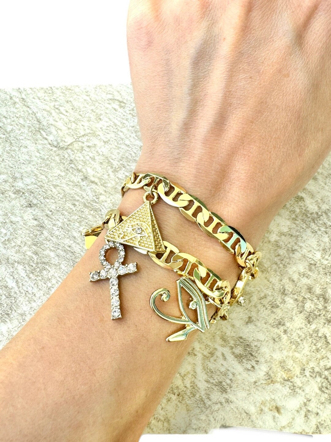 Egyptian Charms Bracelet, Ankh, Eye of Horus, Nefertiti, Pyramid, Gold ...