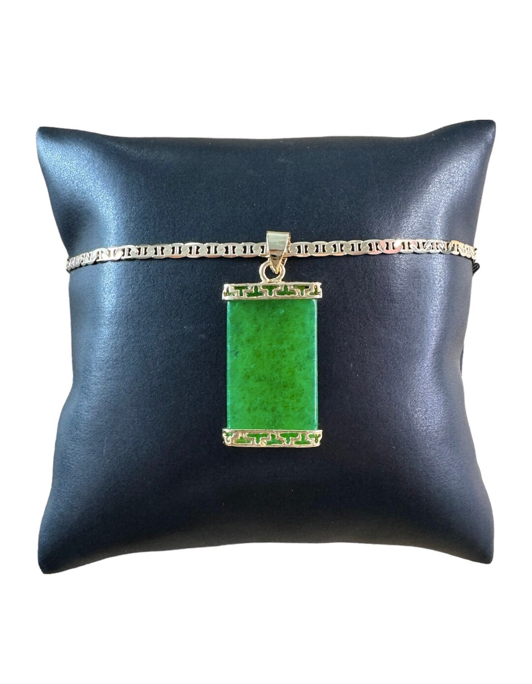 Gold Jade Necklace, Green Jade Rectangle Pendant, Good Fortune Jade ...