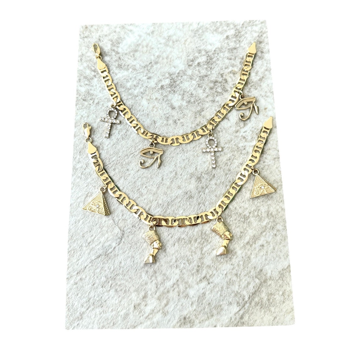 Egyptian Charms Bracelet, Ankh, Eye of Horus, Nefertiti, Pyramid, Gold ...