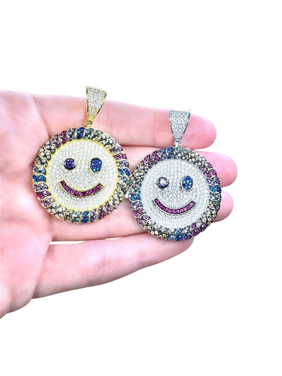 Iced Smiley Face Pendant, Wink Face Emoji Pendant, Diamond Pave Emoji ...