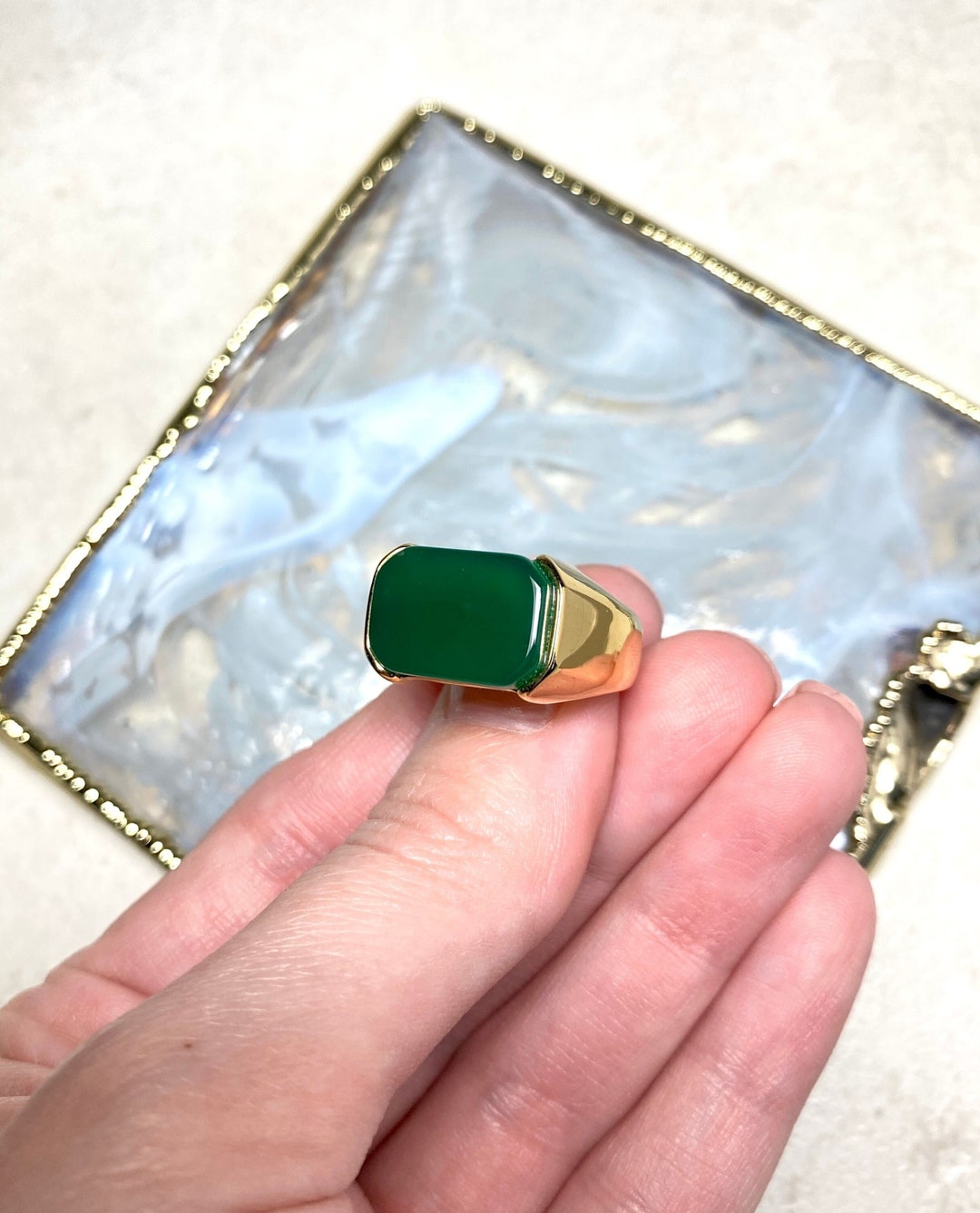 Green Rectangle Ring, Green Signet Ring, Emerald Signet Ring Waterproof ...