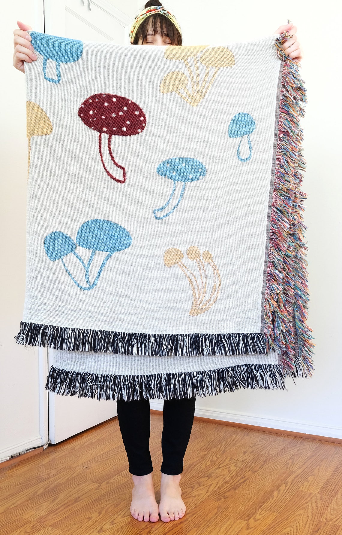 Woven Throw Blanket With Cute and Colorful Mushrooms. Original, Quirky ...
