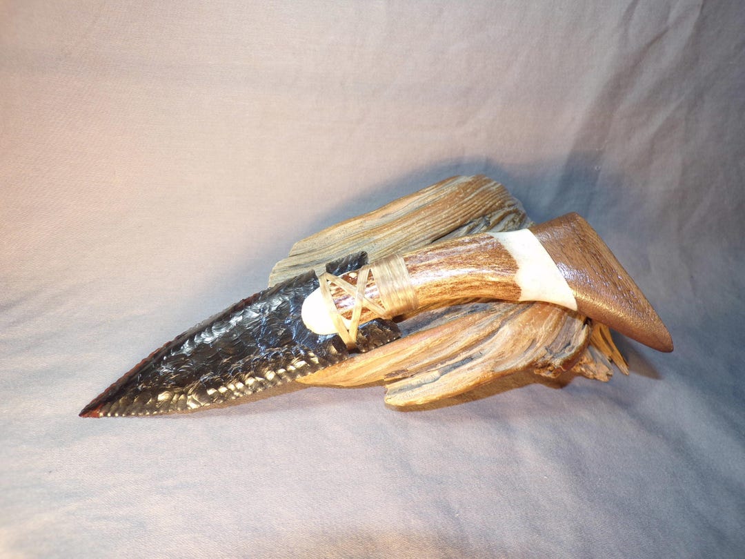 Midnight Lace Obsidian Fox Ear Knife W Deer Antler & Walnut End Cap ...