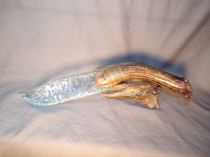 Large Knapped Glass Bowie Knife With Deer Antler Handle Flint Knapping ...