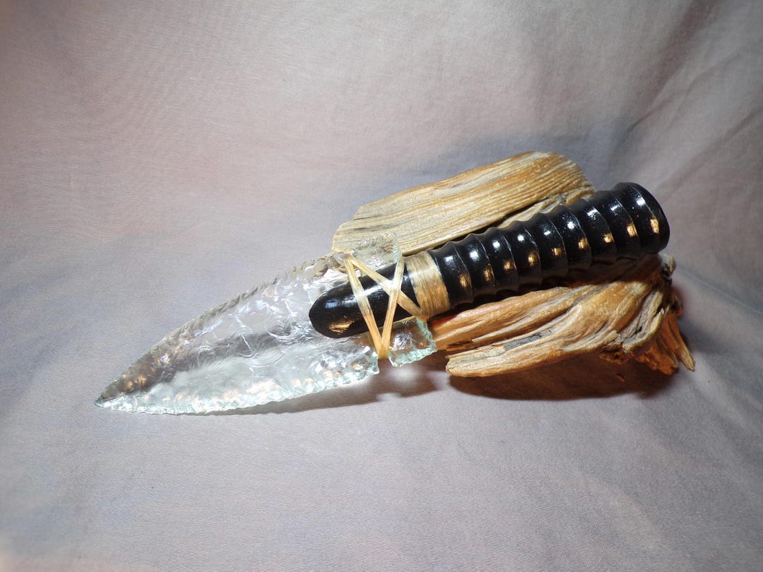 Knapped Glass Fox Ear Knife With Carved African Elk Antler Handle Black ...