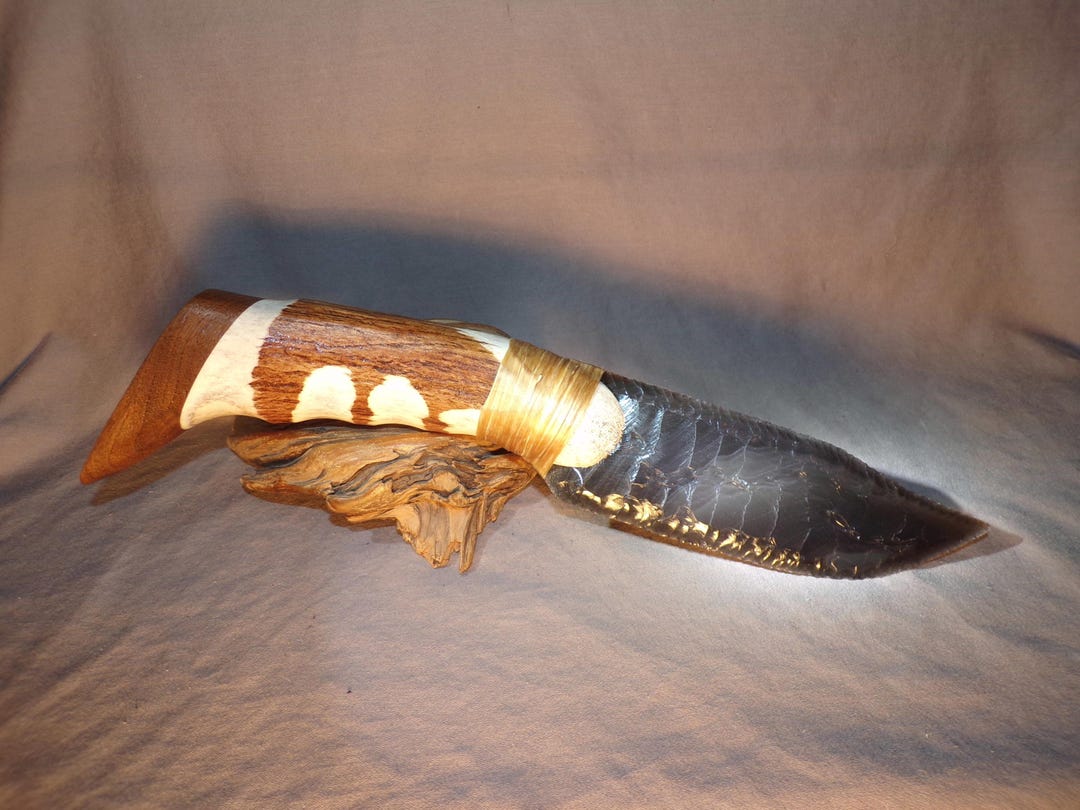 Large Subtle Sheen Obsidian Bowie Knife W Elk Antler & Walnut End Cap ...