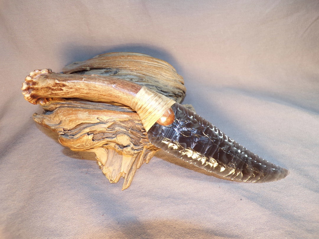 Small Wispy Ribbon Obsidian Knife Deer Antler Handle, Flint Knife, Hand ...