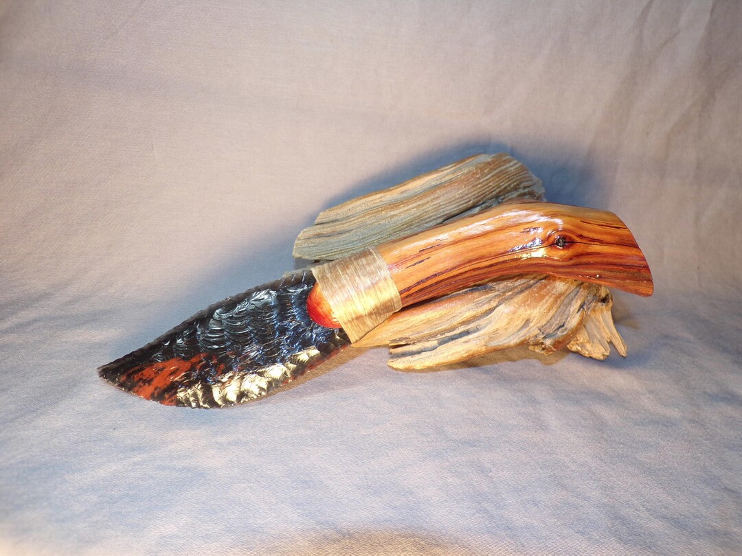 Triple Flow Obsidian Drop Point Knife Manzanita Handle Knapped Flint ...