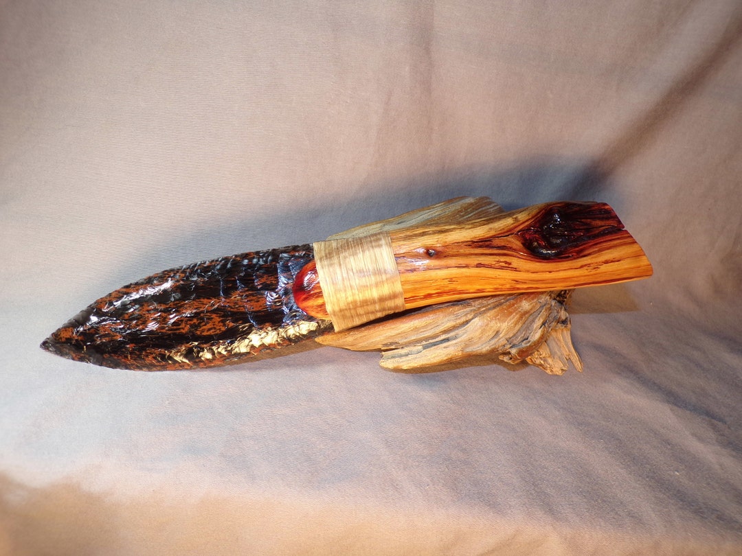 Triple Flow Obsidian Paleo Dagger Knife Manzanita Handle Knapped Flint ...