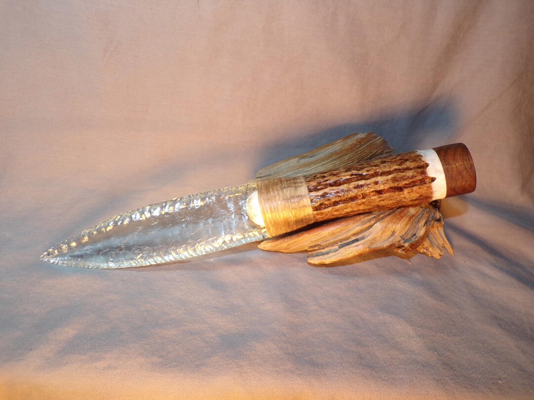 Knapped Glass Paleo Dagger Knife W Elk Antler & Walnut End Cap Handle ...