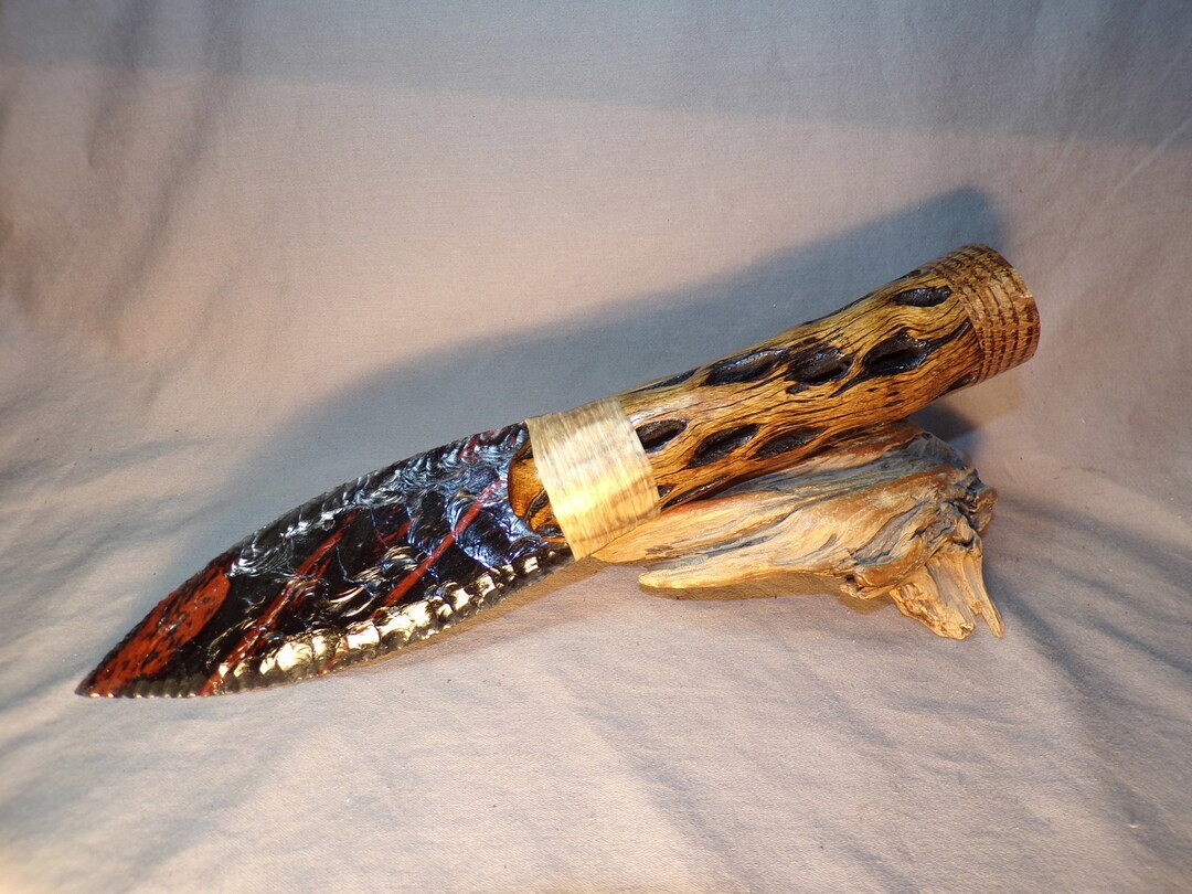 Large Triple Flow Obsidian Paleo Dagger Knife Cholla Cactus Wood Handle ...