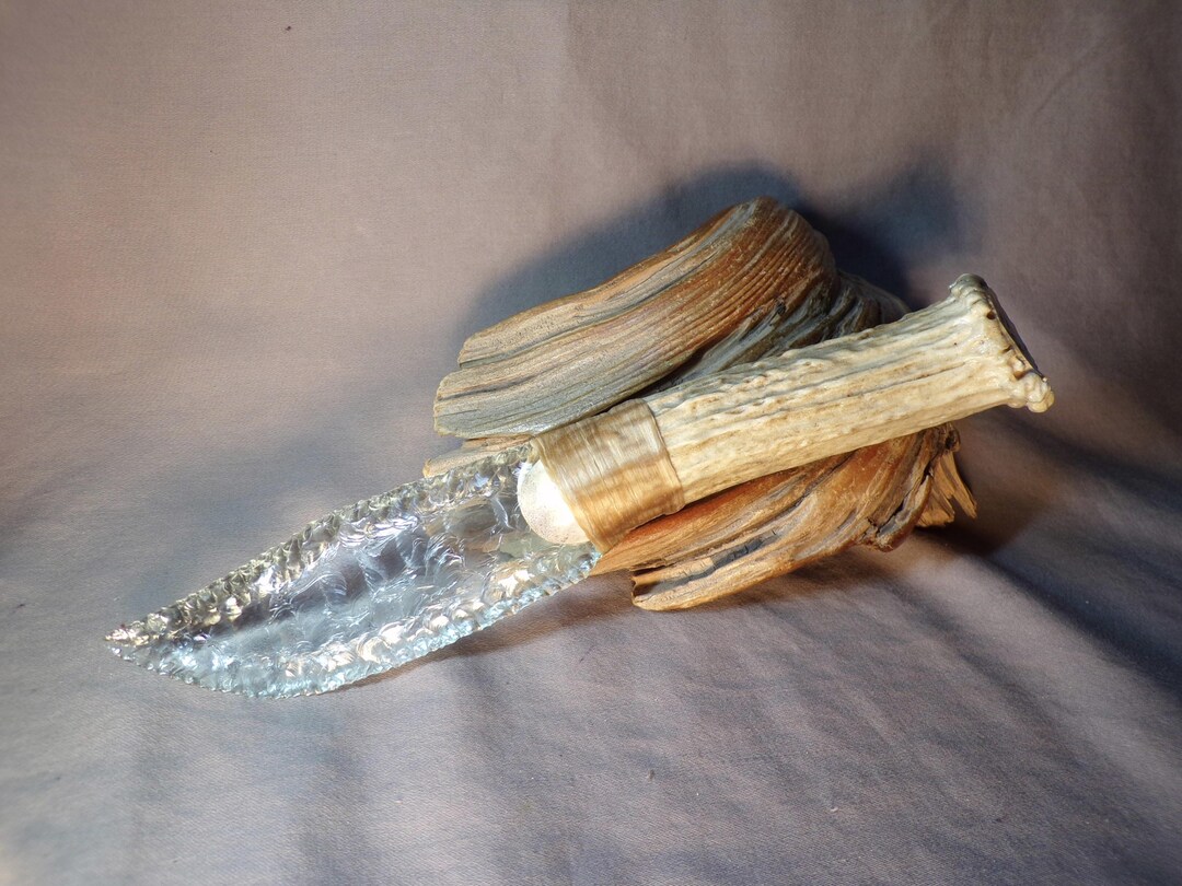 Knapped Glass Bowie Knife With Deer Antler Handle Flint Knapping, Black ...