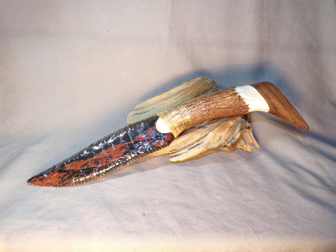 Triple Flow Obsidian Free Style Fantasy Knife W Elk Antler & Walnut End ...