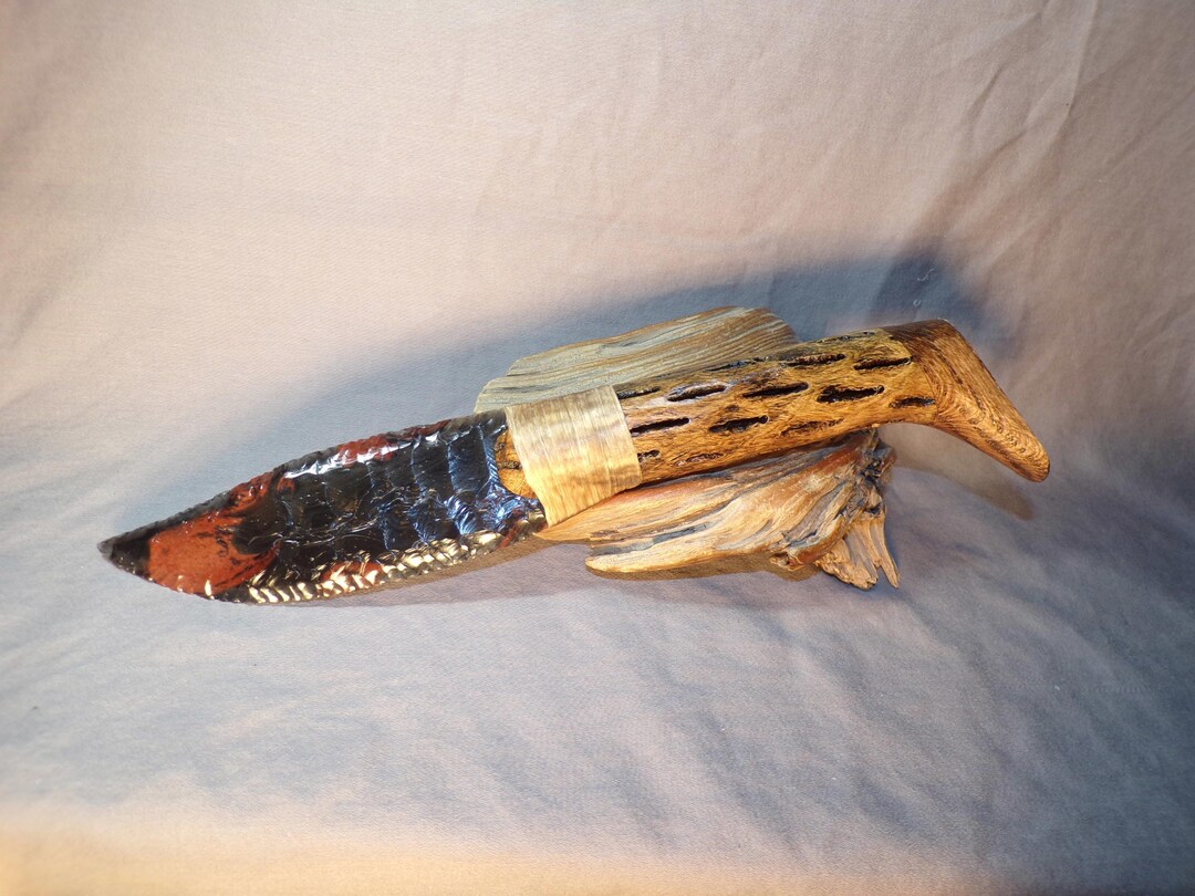 Triple Flow Obsidian Drop Point Knife Cholla Cactus Wood Handle Flint ...