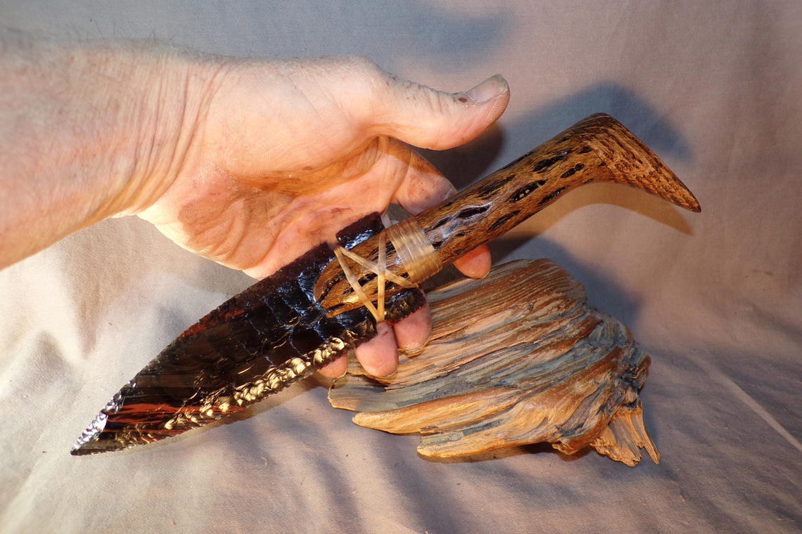 Large Triple Flow Obsidian Fox Ear Knife Cholla Cactus Wood Handle ...