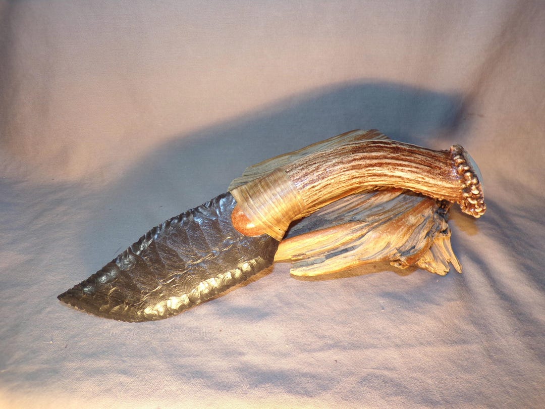 Knapped Dacite Bowie Knife W Deer Antler Handle Black Powder Flint ...