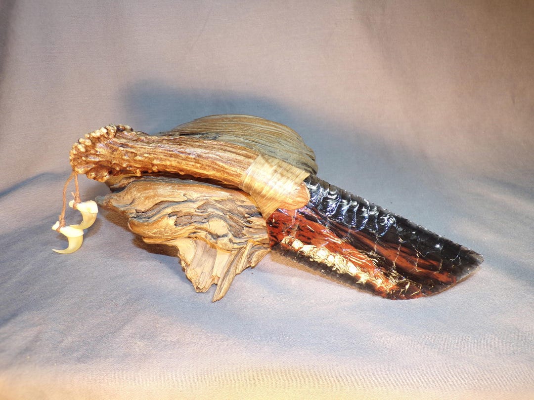 Triple Flow Obsidian Cody Knife With Bobcat Claws Black Powder Flint ...