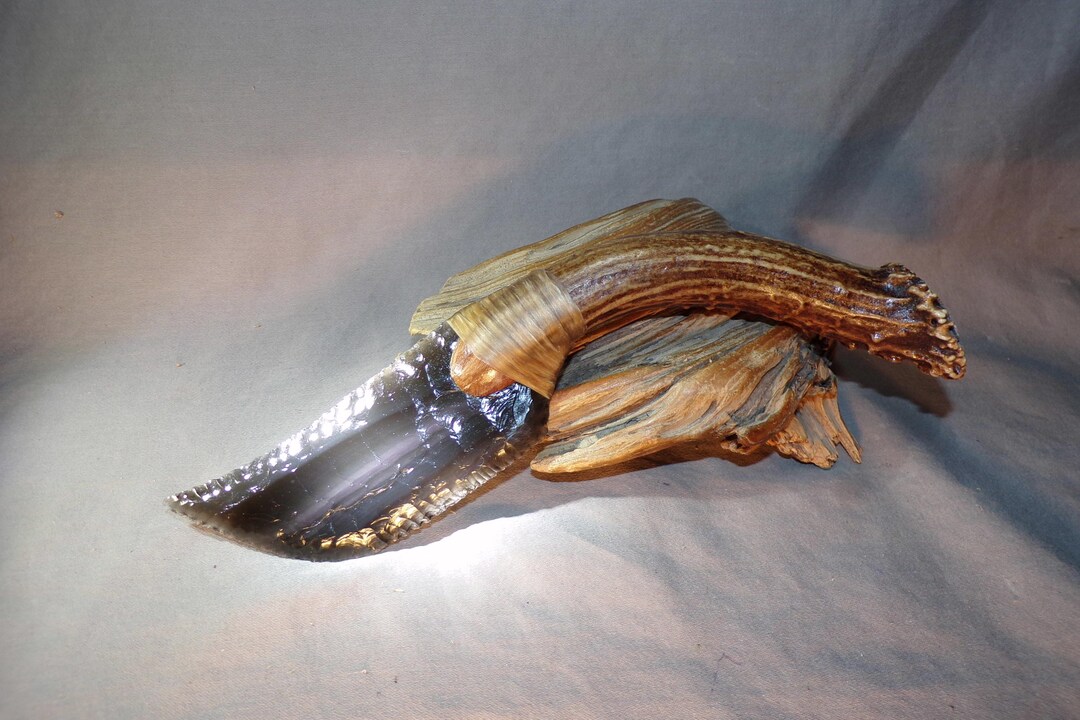 Subtle Sheen Obsidian Skinning Knife W Deer Antler Handle Black Powder ...