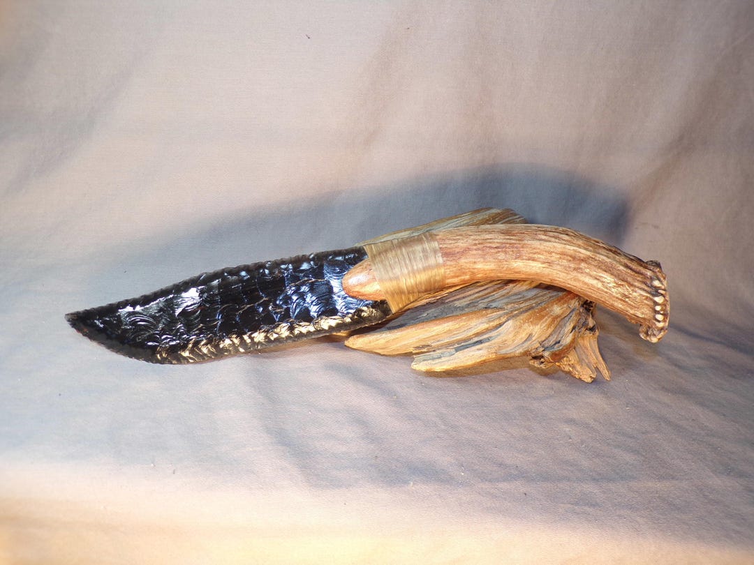 Midnight Lace Obsidian Bowie Knife W Deer Antler Handle Black Powder ...
