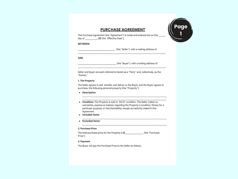 Printable Purchase Agreement. Editable Purchase and Sale Contract ...