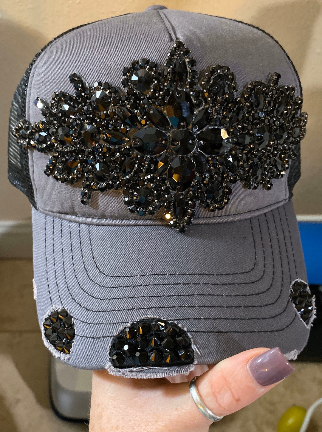 Gray & Black Rhinestone Trucker Hat - Etsy