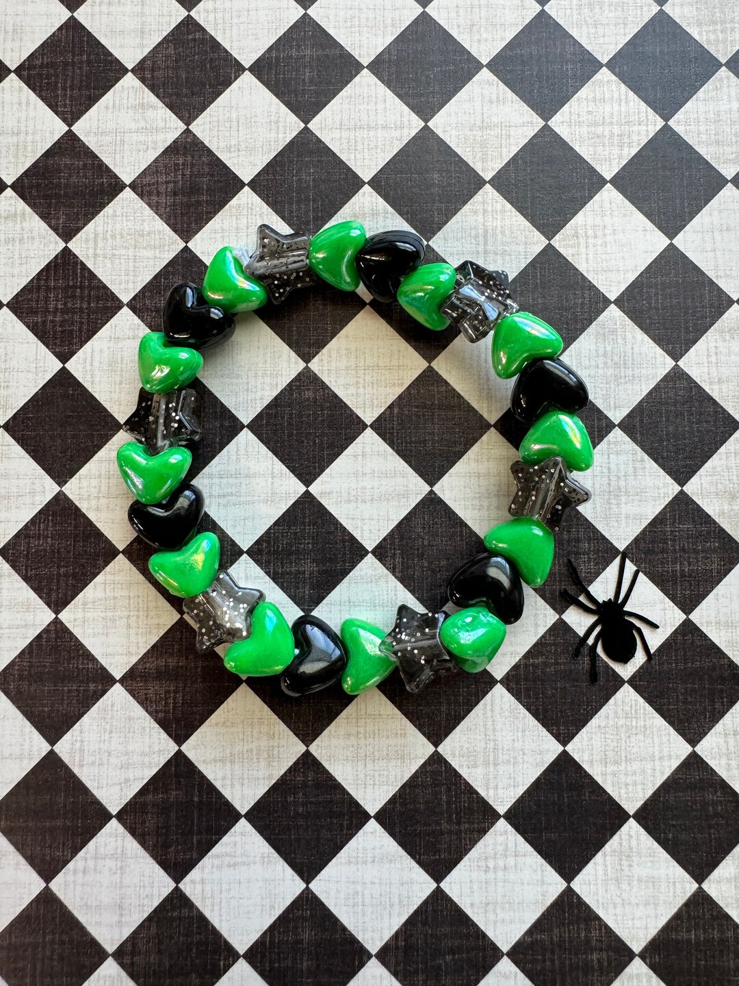 STAR Elder Emo Black and Green Heart Stretch Bracelet Goth Kandi ...