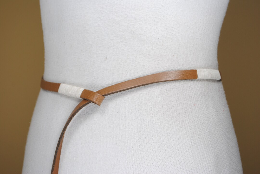 Minimalist Tan Vintage Belt, Thread Wrapped Belt, Skinny Tan Leather ...